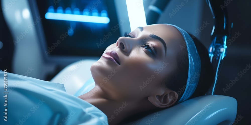 Futuristic medical examination with a female patient in a high-tech ...