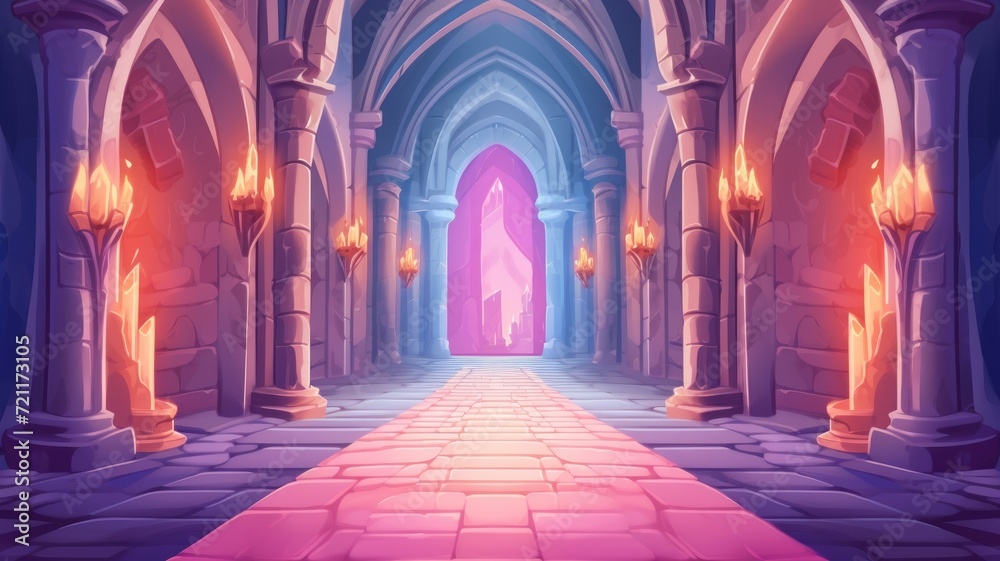 cartoon illustration Long medieval castle corridor with torches ...