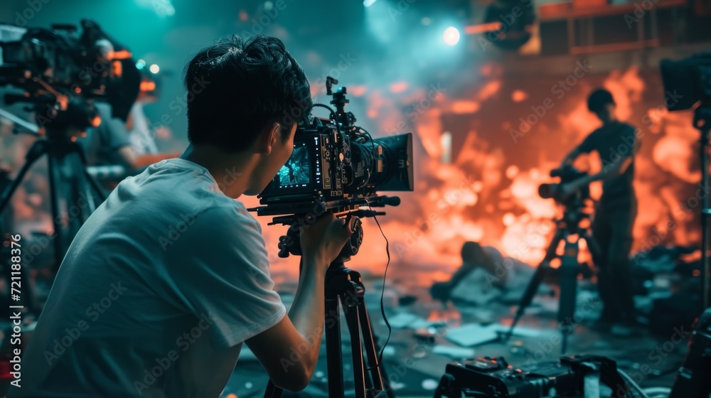 Behind the scenes. Film crew team shooting movie scene on outdoor ...