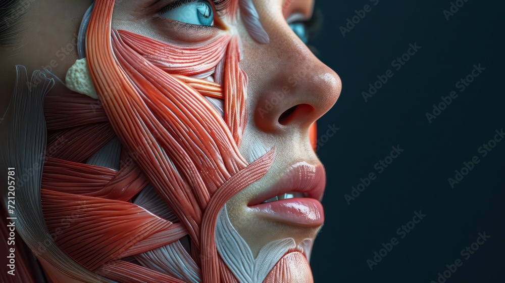 Young woman with half of face with muscles structure under skin. Model ...