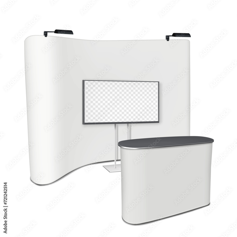 Exhibition set template. Blank white trade show backdrop display with ...