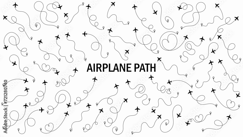 Airplane or aeroplane routes path set. Travel concept from start point ...