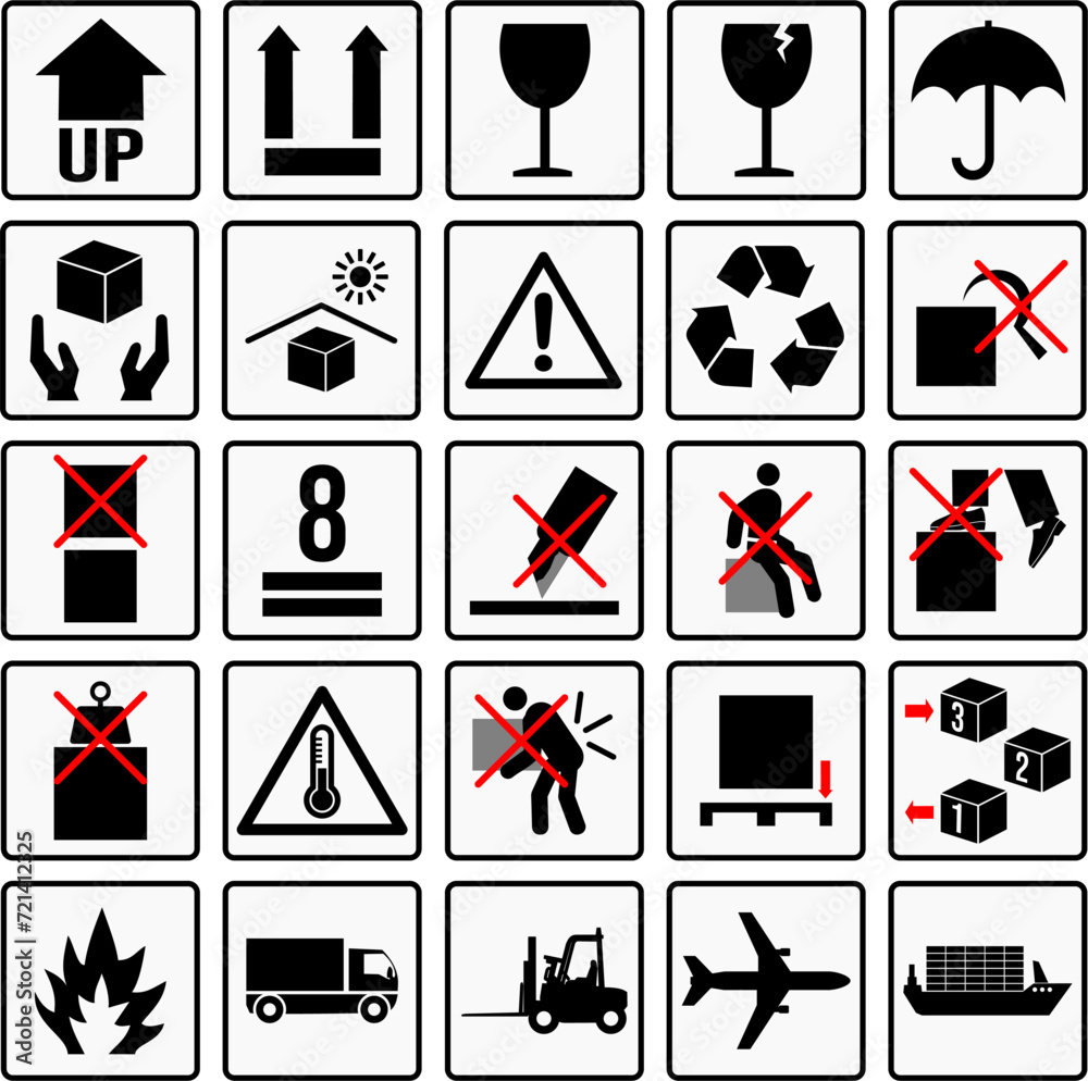 Set of packaging symbol and packaging safety logo isolated on ...