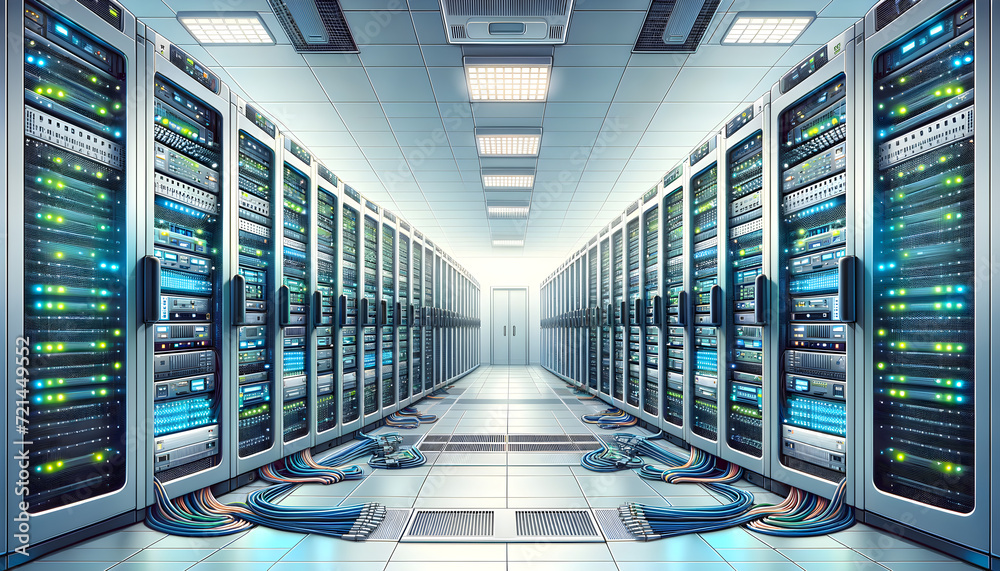 High-Capacity Modern Data Center with Symmetrical Server Racks and LED ...