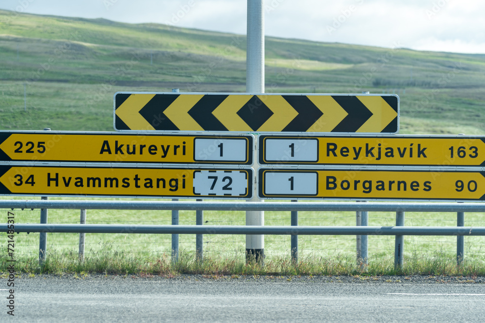 Iceland road signs giving directions along the ring road to various ...