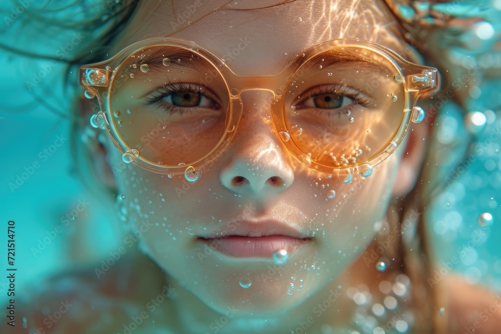A submerged girl with glasses gazes up through the water, her face ...