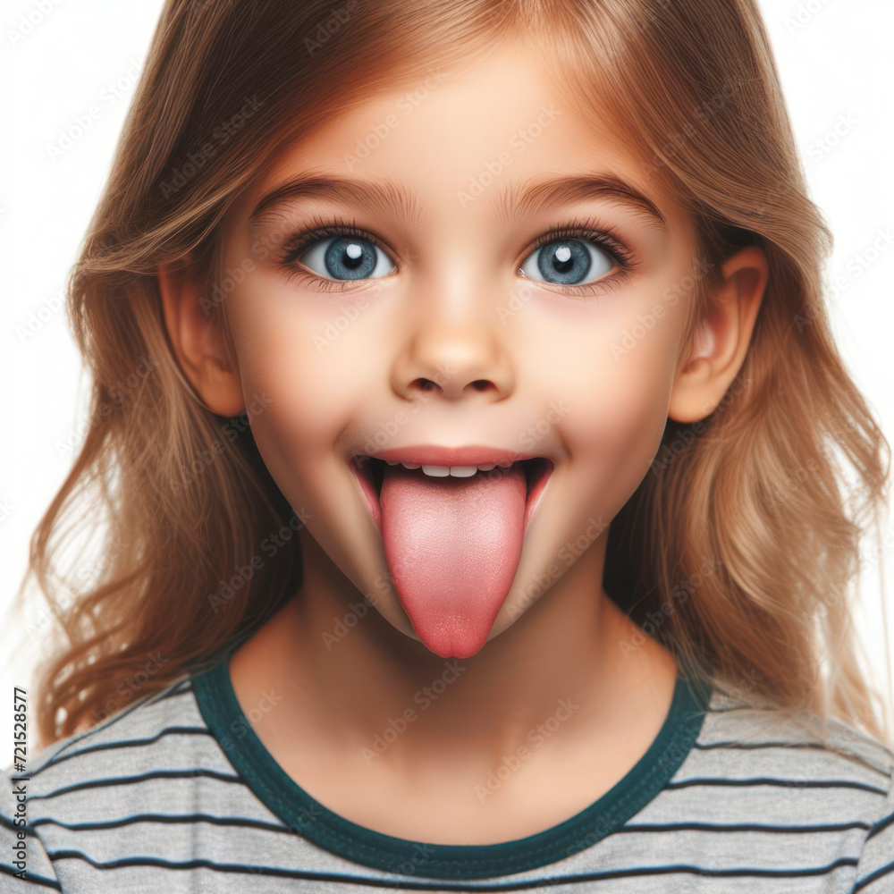 funny little kid girl shows long tongue isolated on solid white ...
