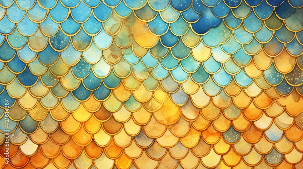 Watercolor Golden blue fish scales, textured background. Snake, lizard ...