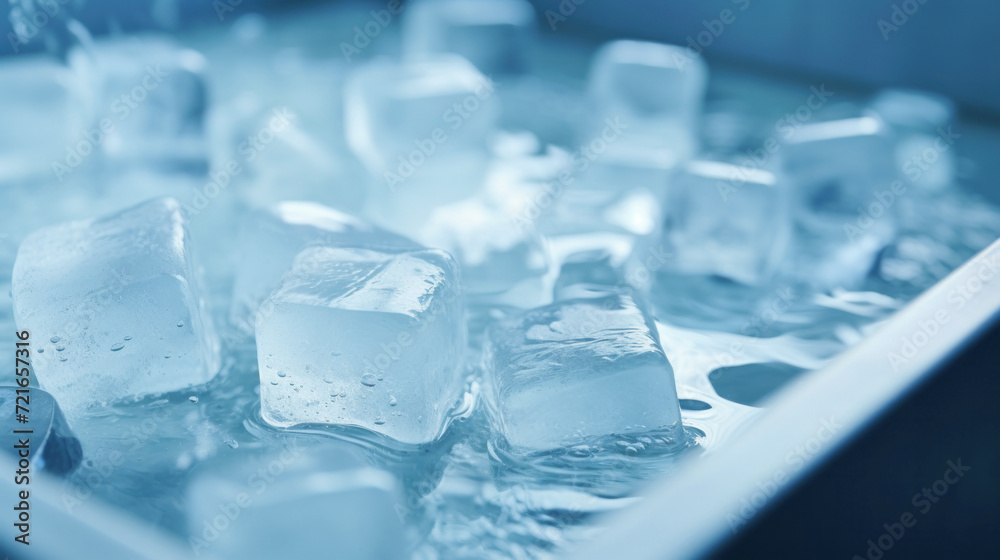 Clear ice cubes, with condensation, floating in water with soft blur ...
