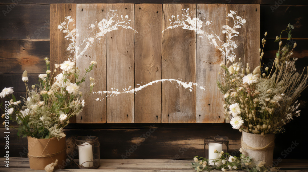 Rustic wedding welcome sign with wildflowers and vintage wood textures ...