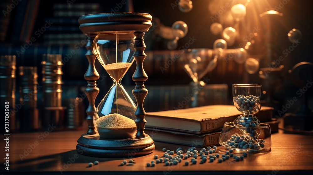 Concept of wealth accumulation with an hourglass and rising coin graph ...
