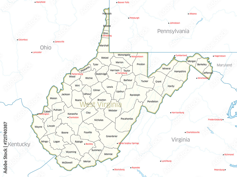 Political map showing the counties of the state of West Virginia. Stock ...