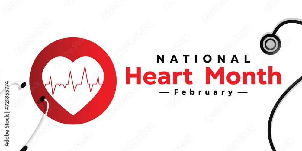 National Heart Month. featuring stethoscopes, hearts and more, white ...