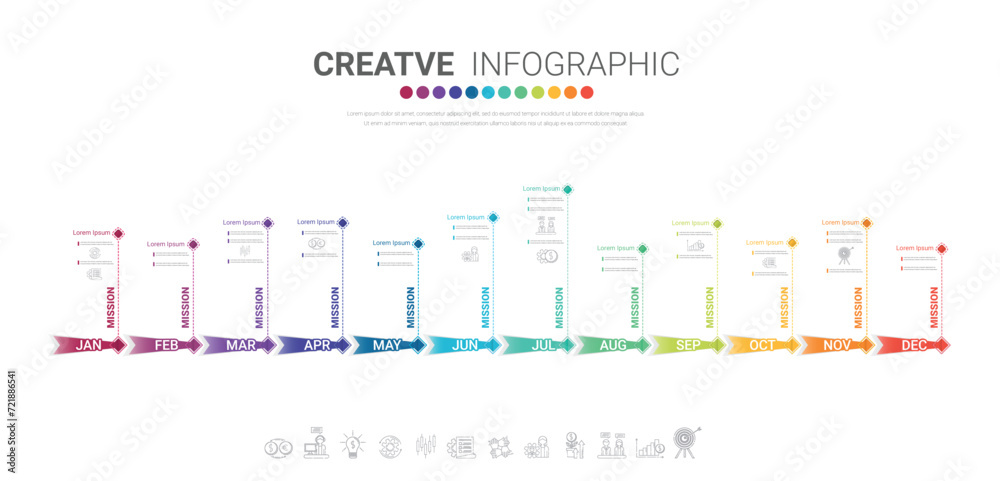 Infographic template for business. 12 Months modern Timeline element ...
