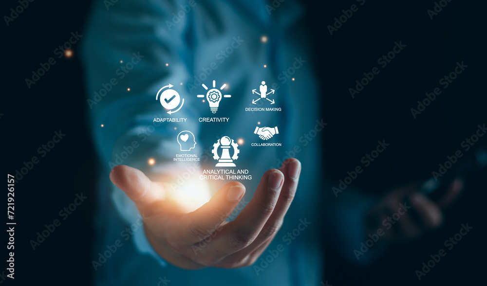 Soft skills HR concept. Business man with icons of soft skills ...