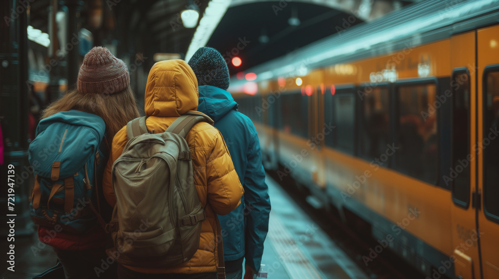 couple of men and woman checking in at a train at the trainsation ...
