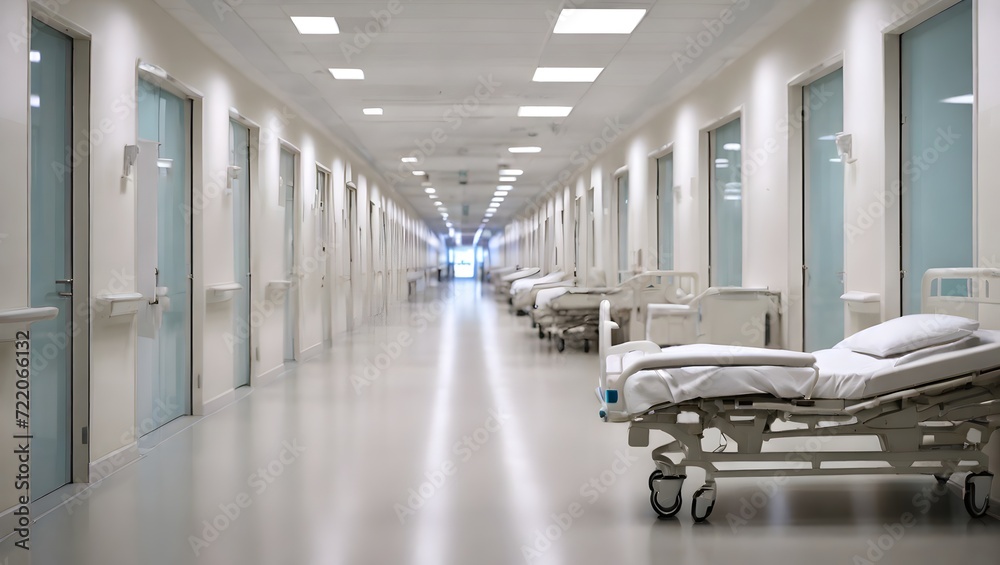 hospital corridor A long hospital corridor with rows of surgical beds ...