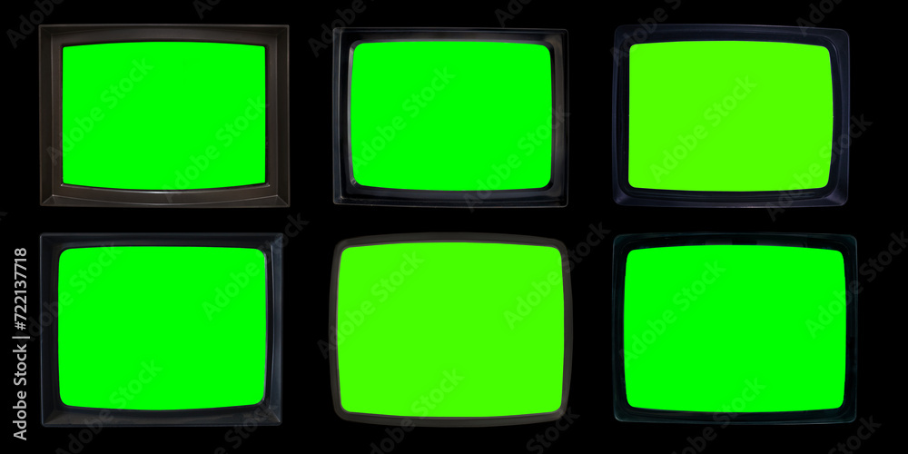 Six retro television with chroma key green screen for designer on black ...
