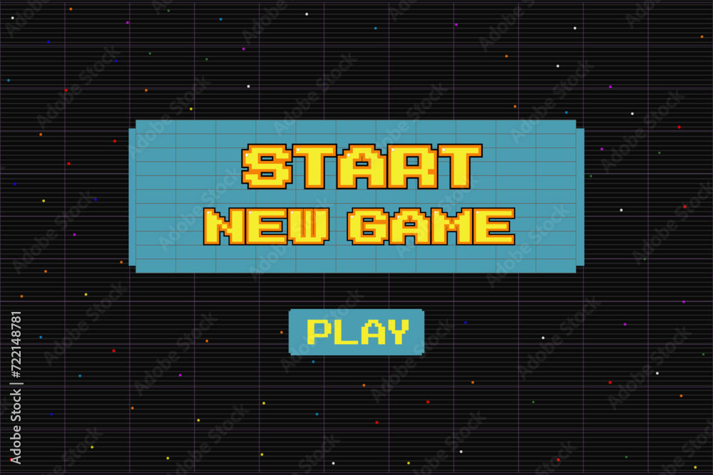 START NEW GAME play .pixel art .8 bit game. retro game. for game assets in vector illustrations ...