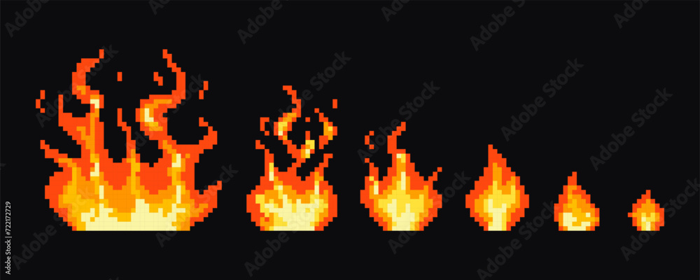 Stages of pixel fire extinction. Gaming pixel fire, explosion, flames ...