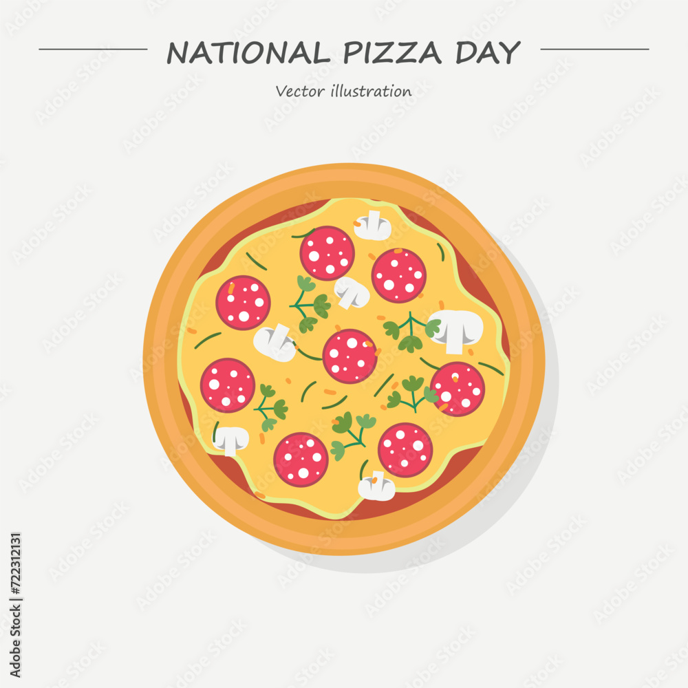 National Pizza Day vector. Whole sausage pizza top view icon. Pizza Day ...