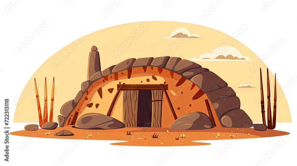 informative flat design of an ancient man hut, a prehistoric house from ...