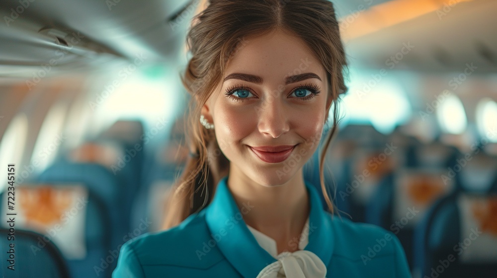 Stewardess walking down the aisle with a charming smile, enhancing the ...