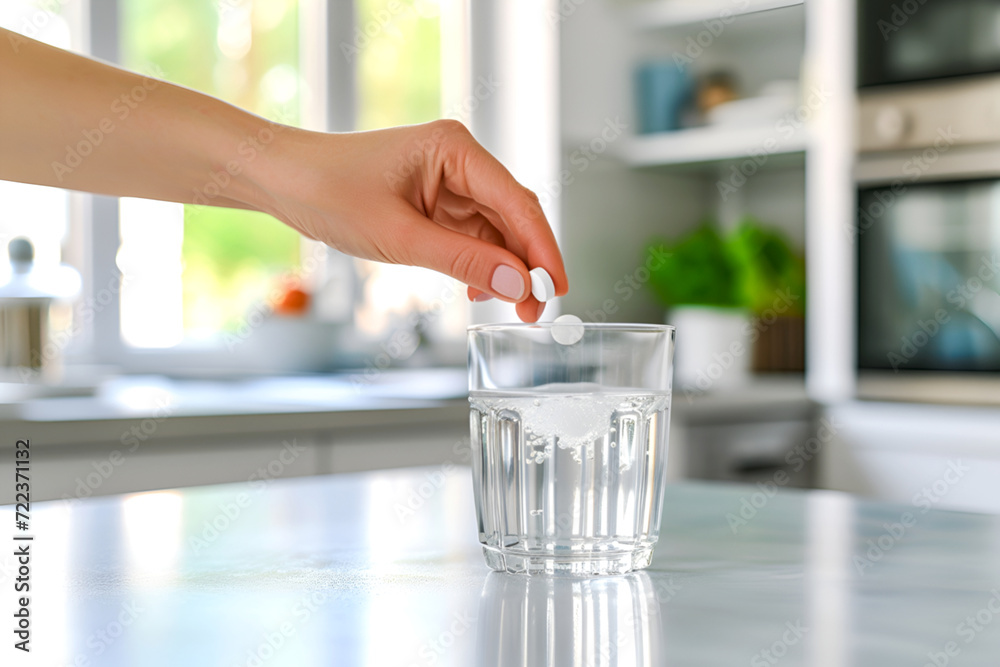 Hand dropping effervescent tablet into a glass of water against blurred ...