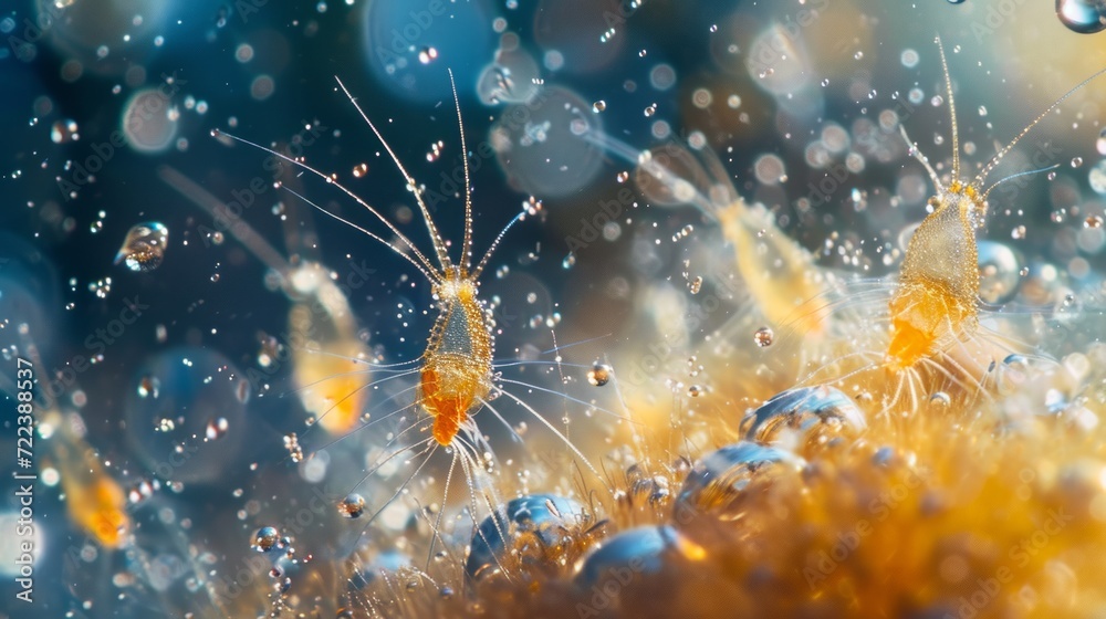 Microscopic water insects, tiny water fleas or aquatic larvae ...