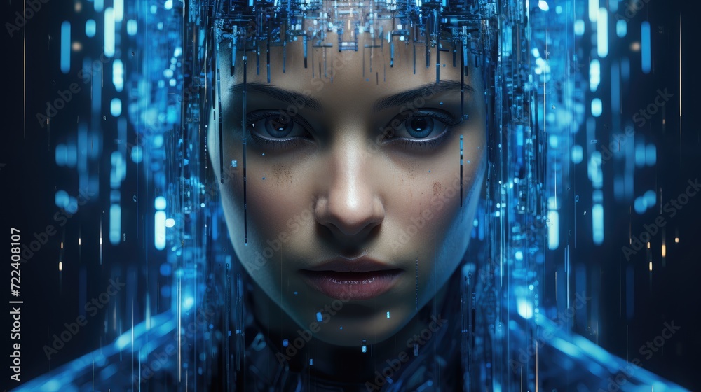 Cyberhumanoid girl robot with blue eyes and binary code represents AI ...