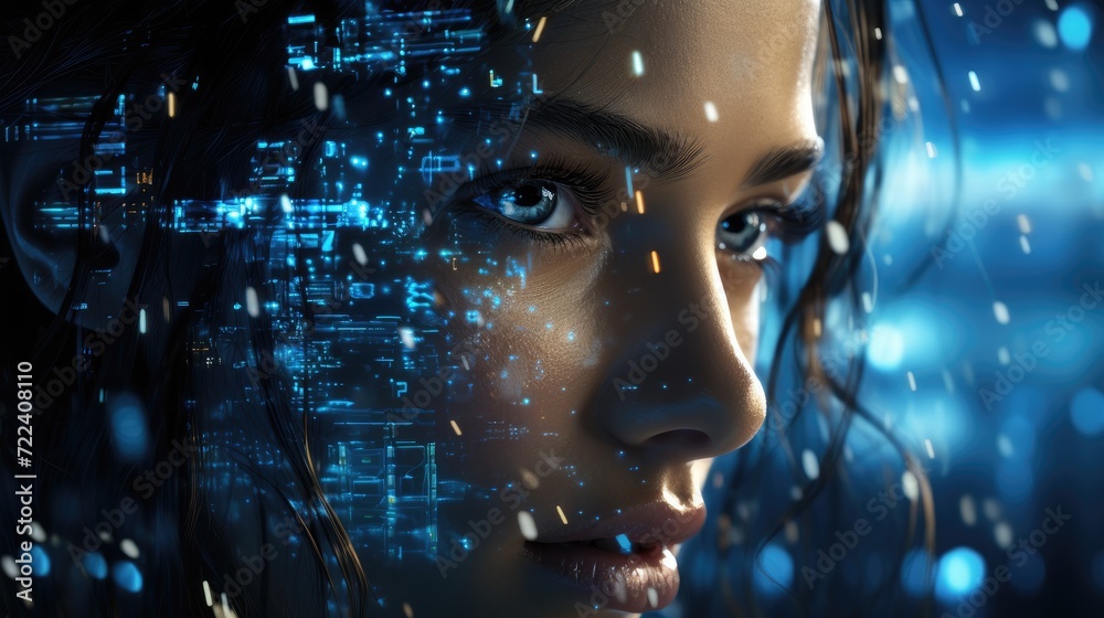 Ilustração Cyberhumanoid girl robot with blue eyes and binary code ...