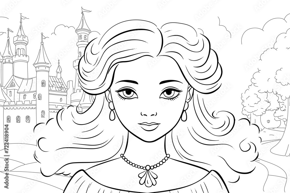 Young princess portrait coloring page. Outline black ink drawing ...