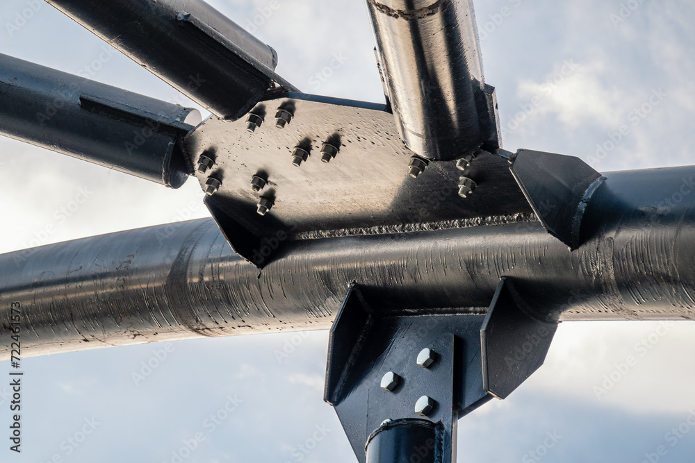 Steel bridge structure, Iron beams bolted on. Angular connection of ...