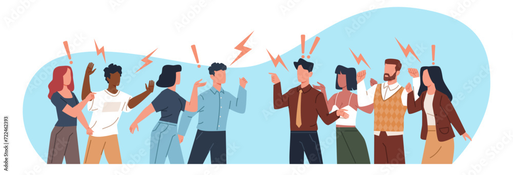 Two groups of people arguing and fighting. Angry men and women team ...