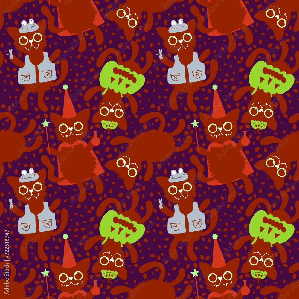 Halloween cats seamless cartoon animals carnival frogs and pumpkins and ...