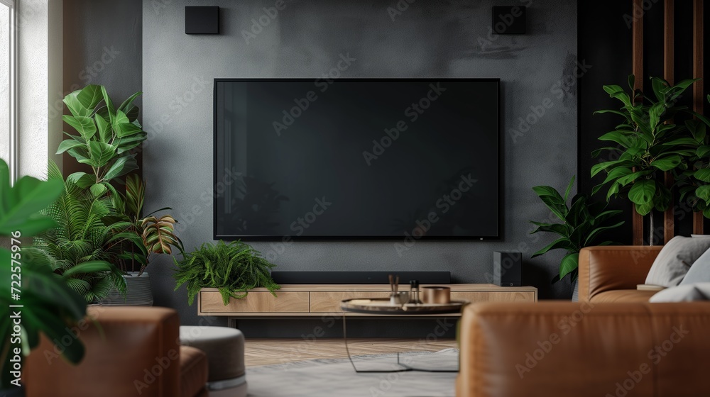 Wide screen flat television banner mockup of empty black screen at ...