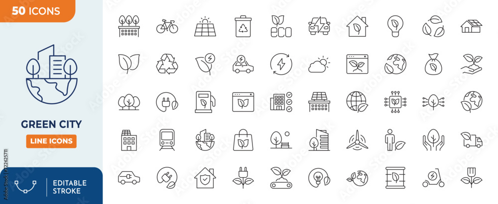 Green city Line Editable Icons set. Editable stroke. Vector ...