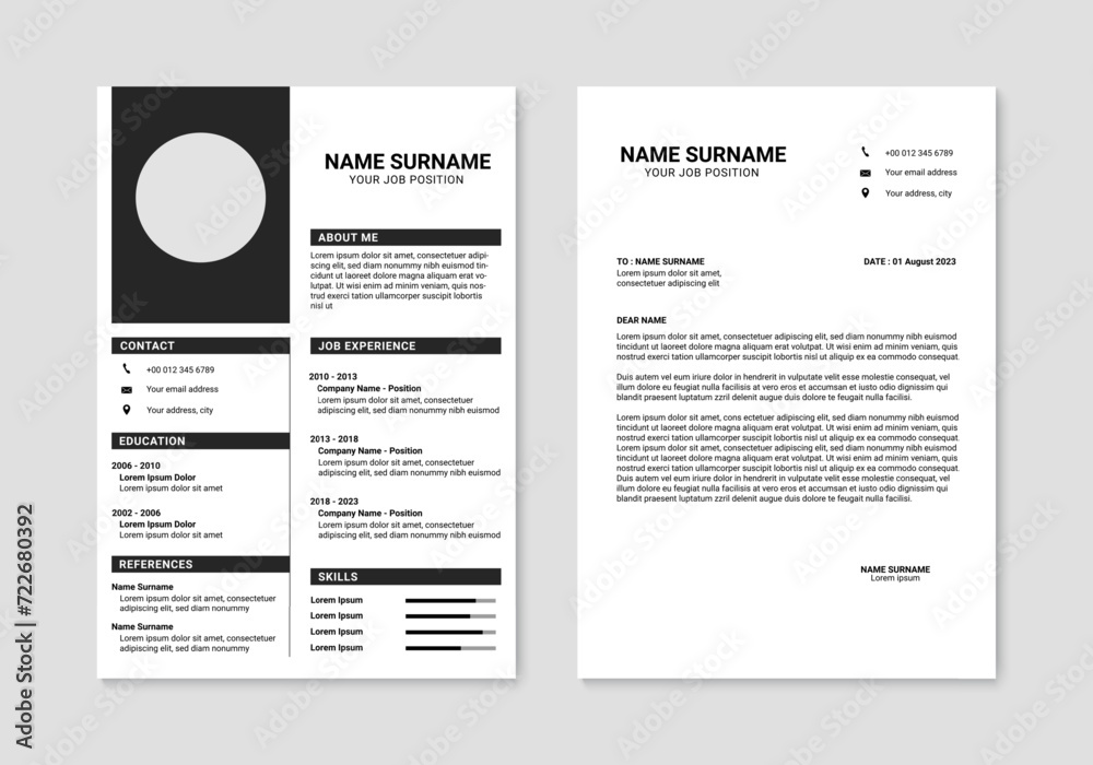 Modern Resume and Cover Letter Layout design template. Minimalist CV ...