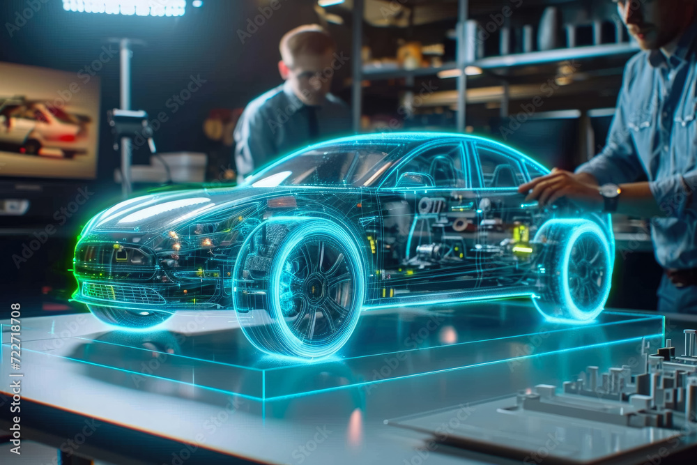 Automotive engineer working using AI system production on electric car ...