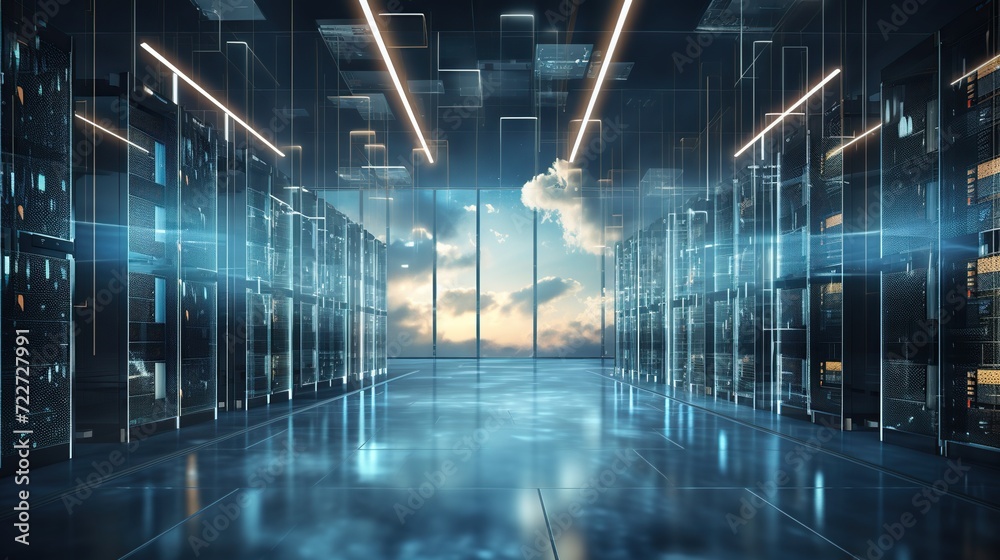 Cloud computing technology, big server rack and server room or data ...