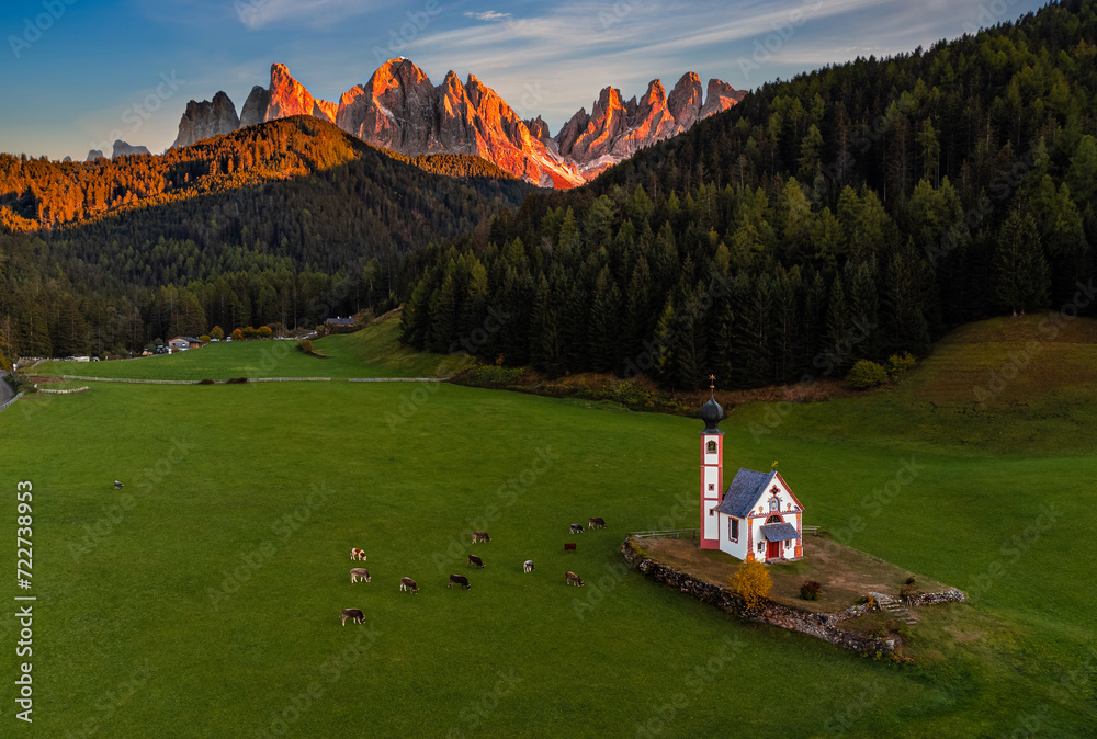 Val Di Funes, Dolomites, Italy - Aerial view of the beautiful St ...