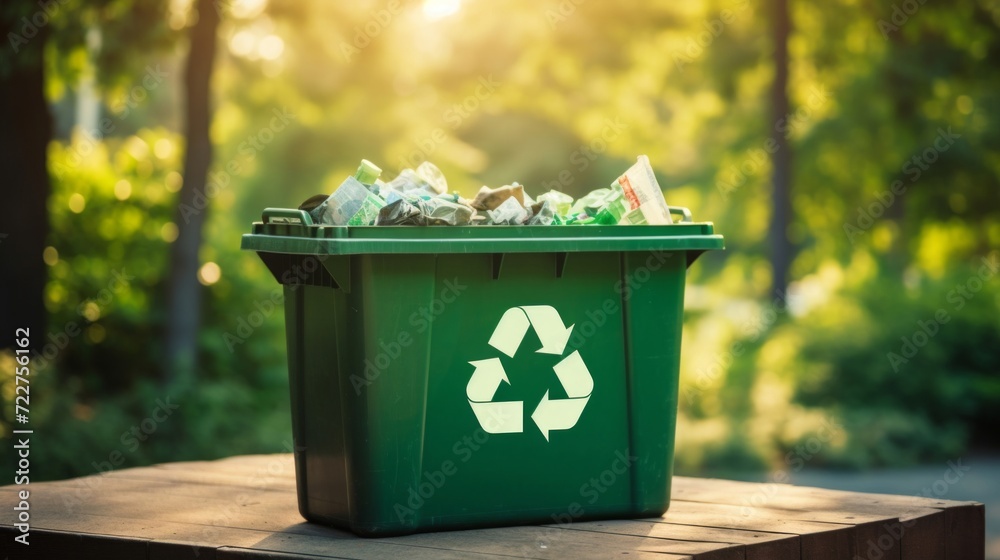 A green recycling bin filled with assorted recyclables, located in a ...