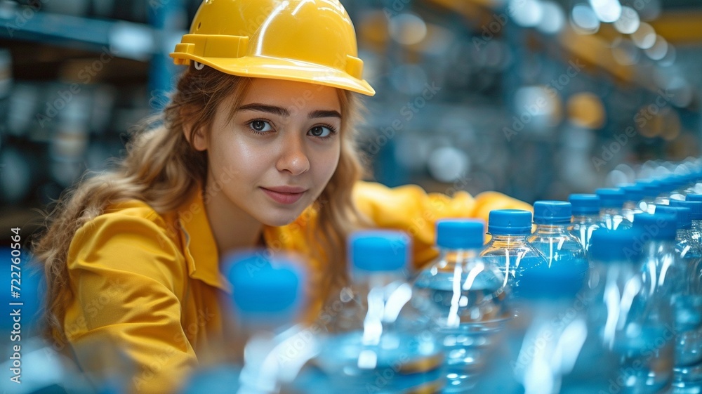 Women employees in a drinking water factory inspect, count and ...