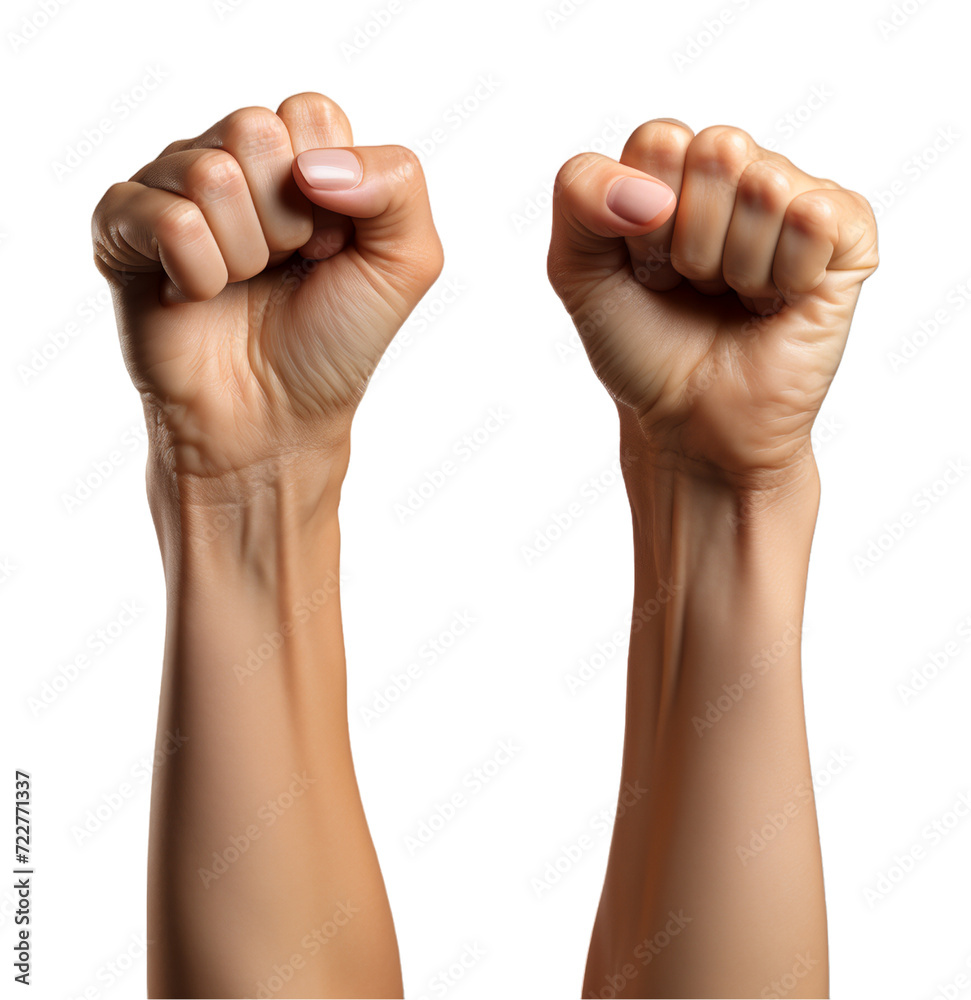 portrait of left and right hands up and clenched isolated on ...