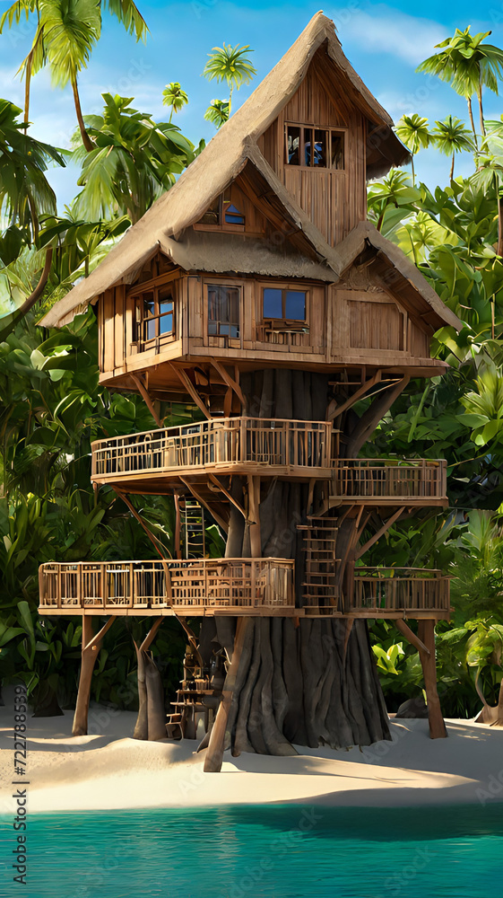 a tree house sitting on top of a sandy beach, pine treehouse, beachwood ...