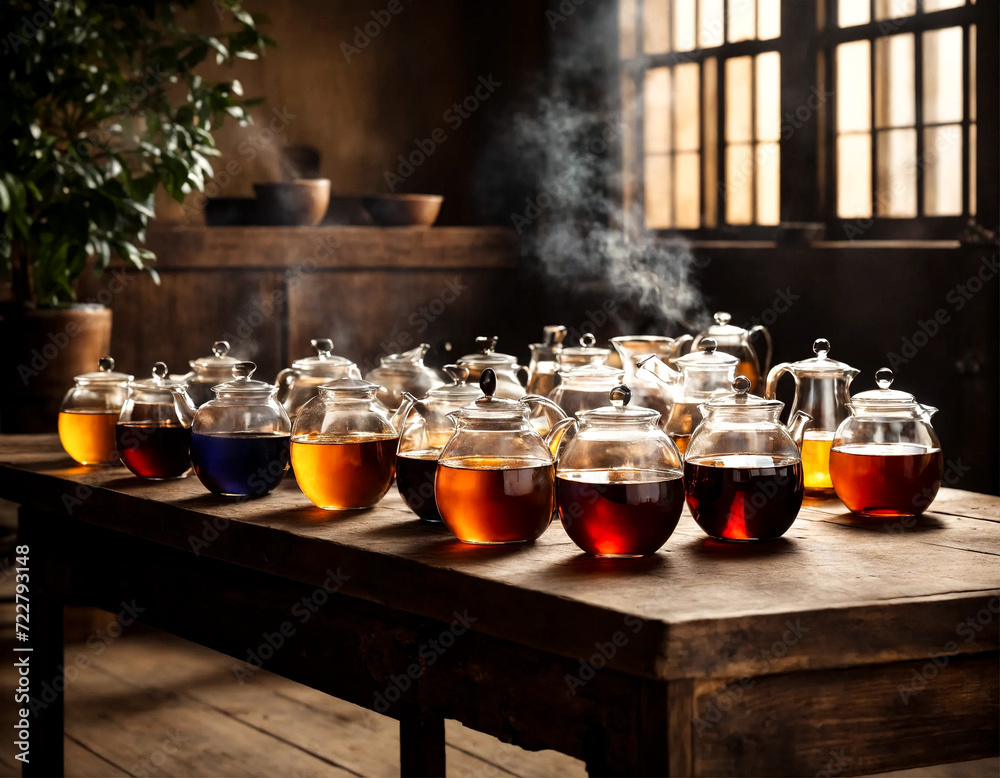 Tea factory. Set of variety ceylon teas on wooden table in meeting room ...