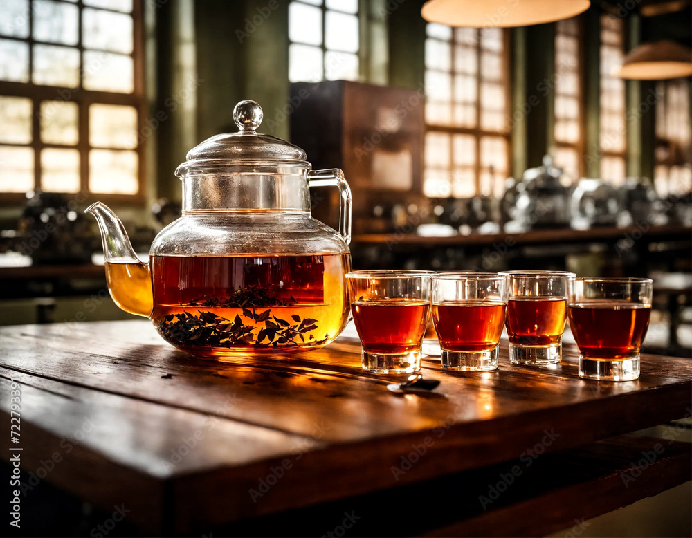 Tea factory. Set of variety ceylon teas on wooden table in meeting room ...