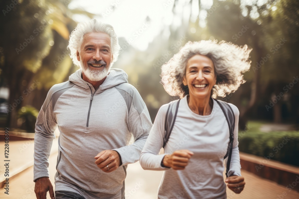 Elderly couple jogging together in public park in morning. Healthy ...