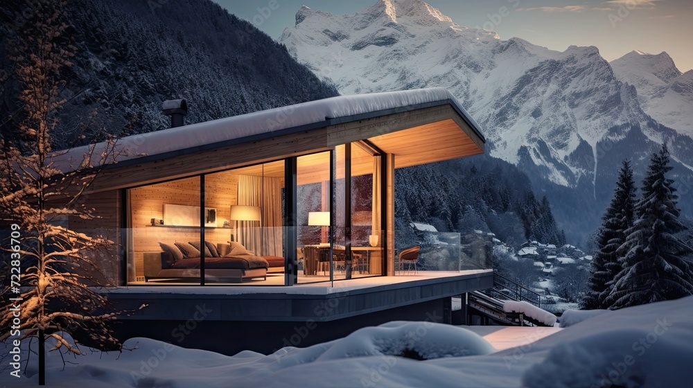 Alpine Swiss chalet set amidst the beauty of snow-capped mountains ...
