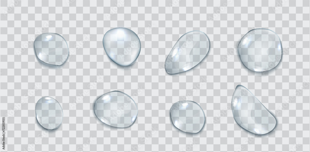 Clear liquid blobs group realistic vector illustration set. Irregular ...